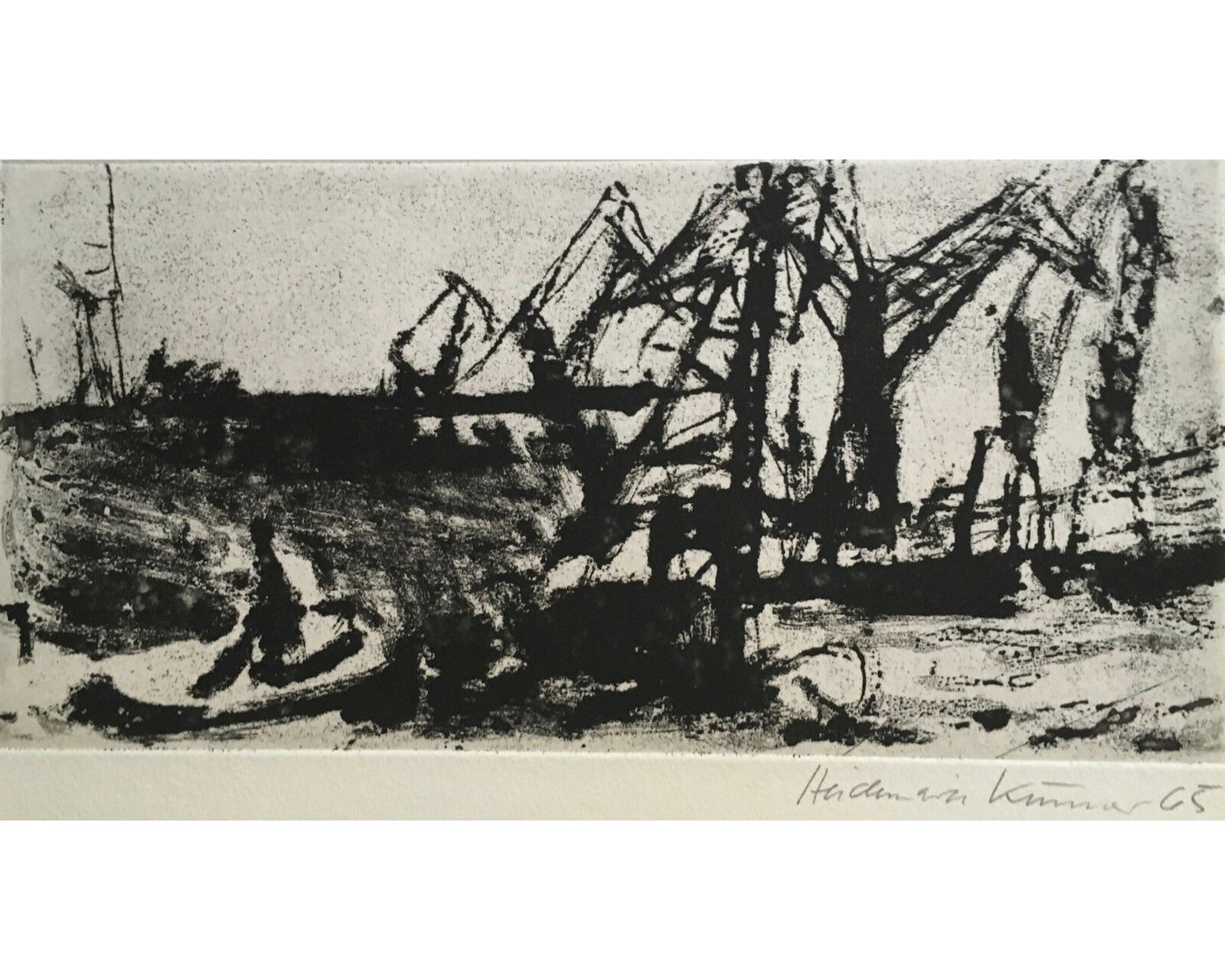 Heidemarie Kummer: Kräne im Hafen sign.- Radierung der Gisela Bührmann ...